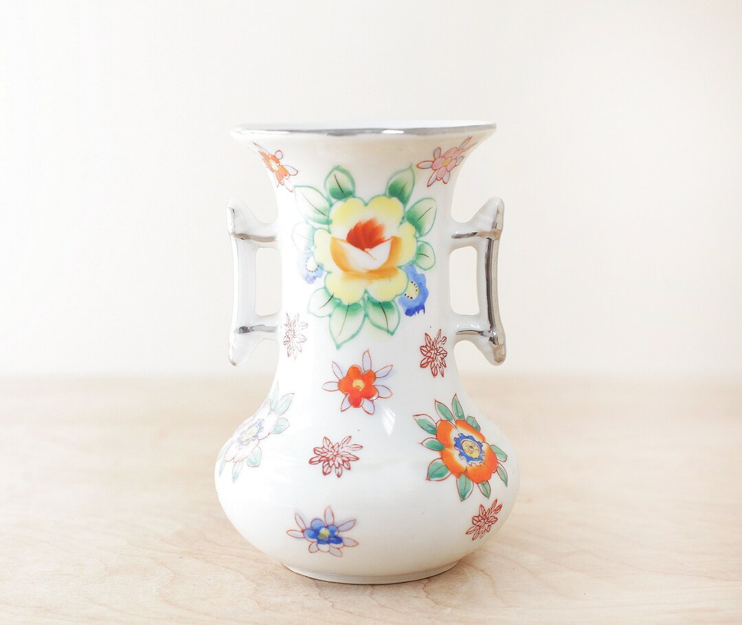 Gold Castle Floral Vase/ Small Sweet Hand Painted Handled Porcelain ...