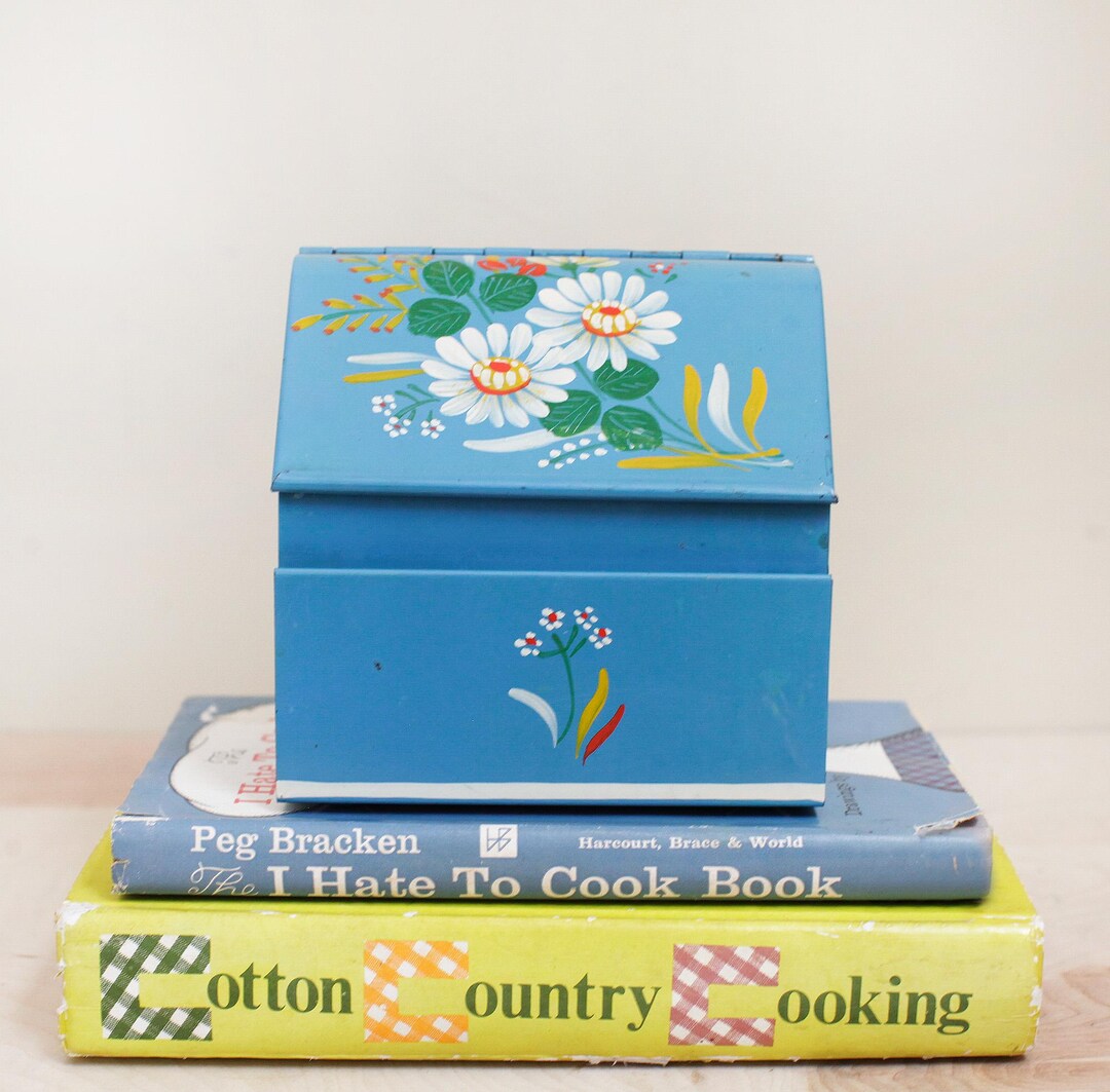 Ransburg Turquoise Blue Floral Recipe Box/ Lovely 40s Metalware W Hand ...