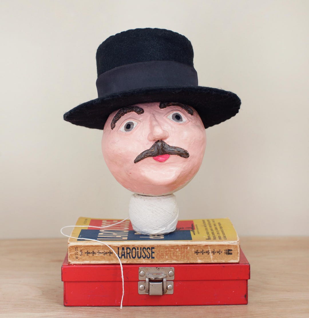 Paper Mache Man's Head W Felt Top Hat/ Hand Made Vintage Marionette ...