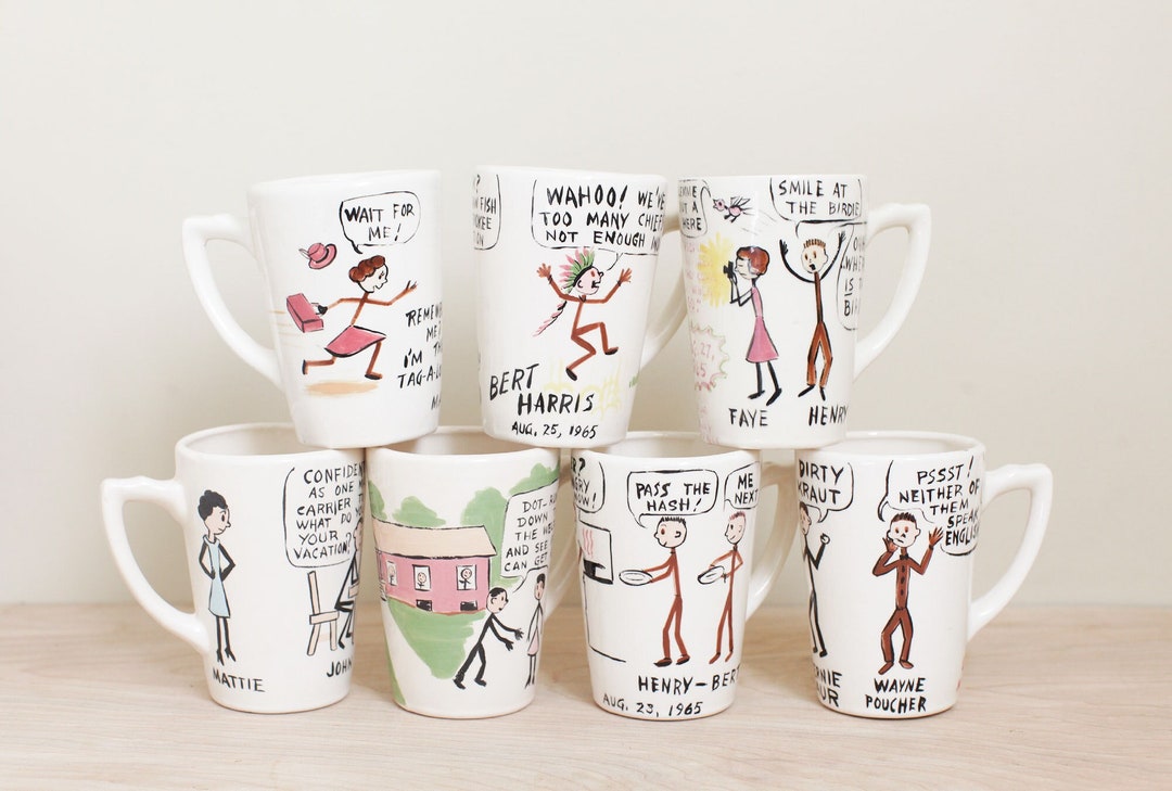 Hand Thrown & Painted Comical Mug Set by Sue Starnes/one of a Kind Mid ...