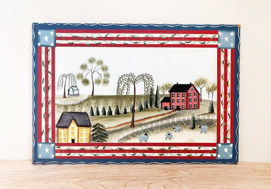 Original Folk Art Farm Painting on Board/ One of a Kind Unsigned ...