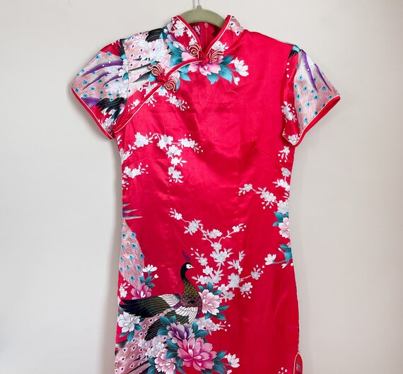 Long Red Cheongsam Dress with Peacock Design by J.X.N… - Gem
