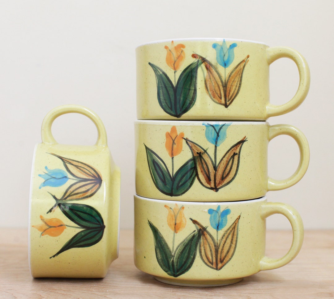 Set of 4 Stoneware Tulip Stacking Soup Mugs/ Cute Hand Painted ...