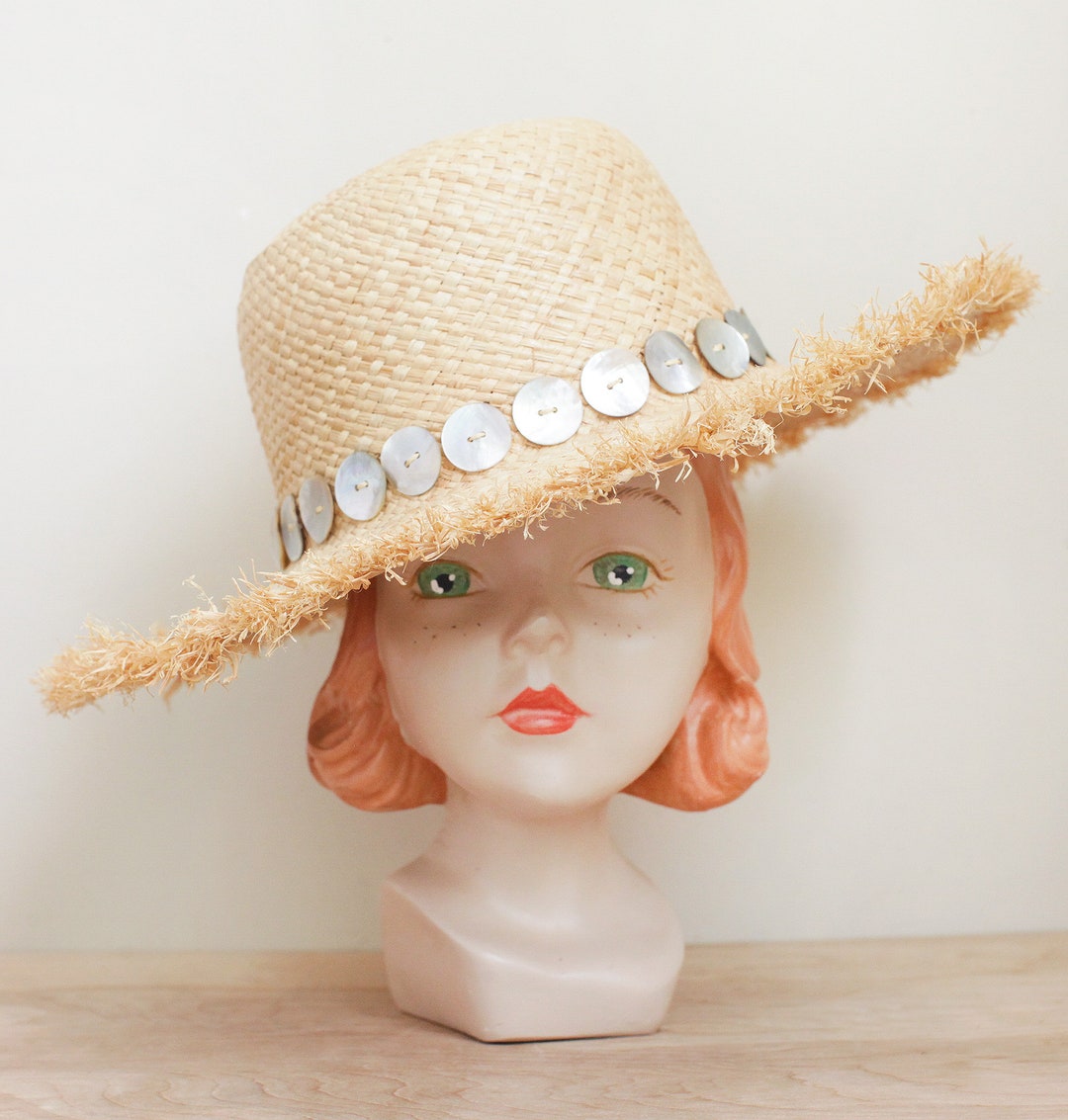 Wide Brim Ladie's Summer Straw Hat W Abalone Button Band by DPC Dorfman ...