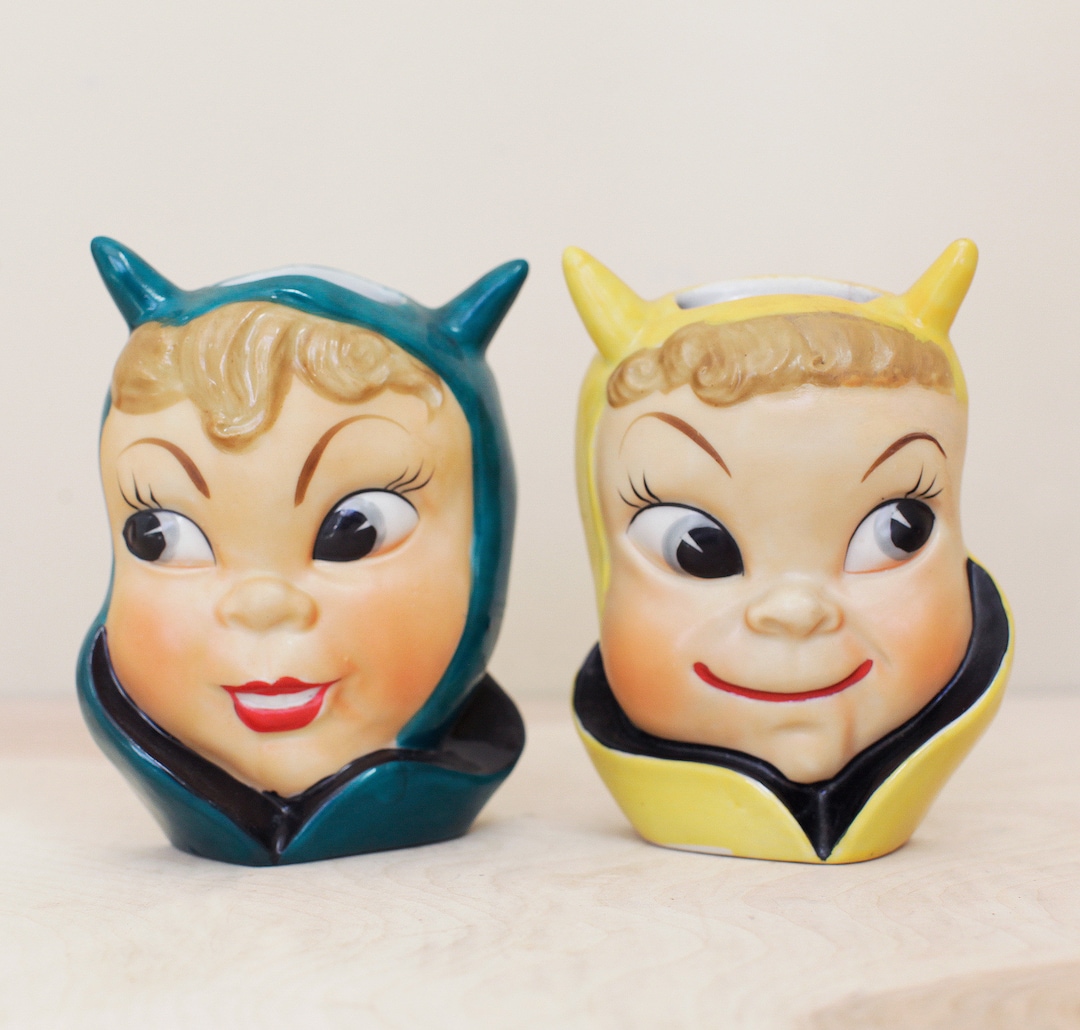 Set of 2 Norcrest Little Devil Wall Pocket Vases/ Adorable and Highly ...