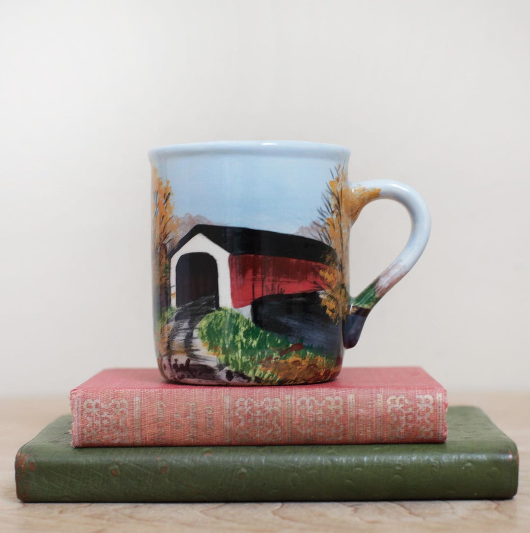Hand Painted Covered Bridge Mug Signed Bsk / OOAK Art Mug of Billie ...