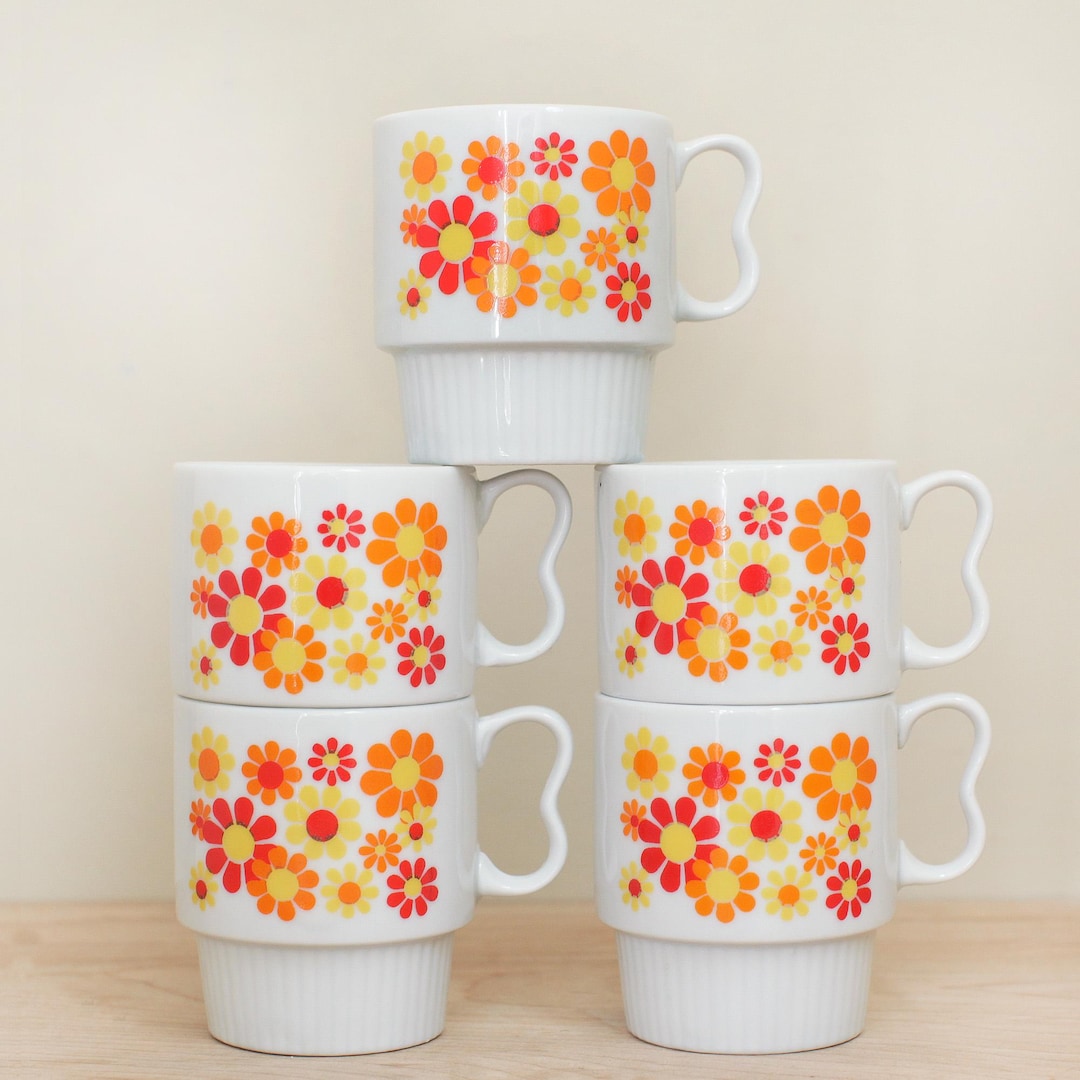 Set of 5 Flower Power Mod Ceramic Mugs/ Extra Cute Orange, Red & Yellow ...