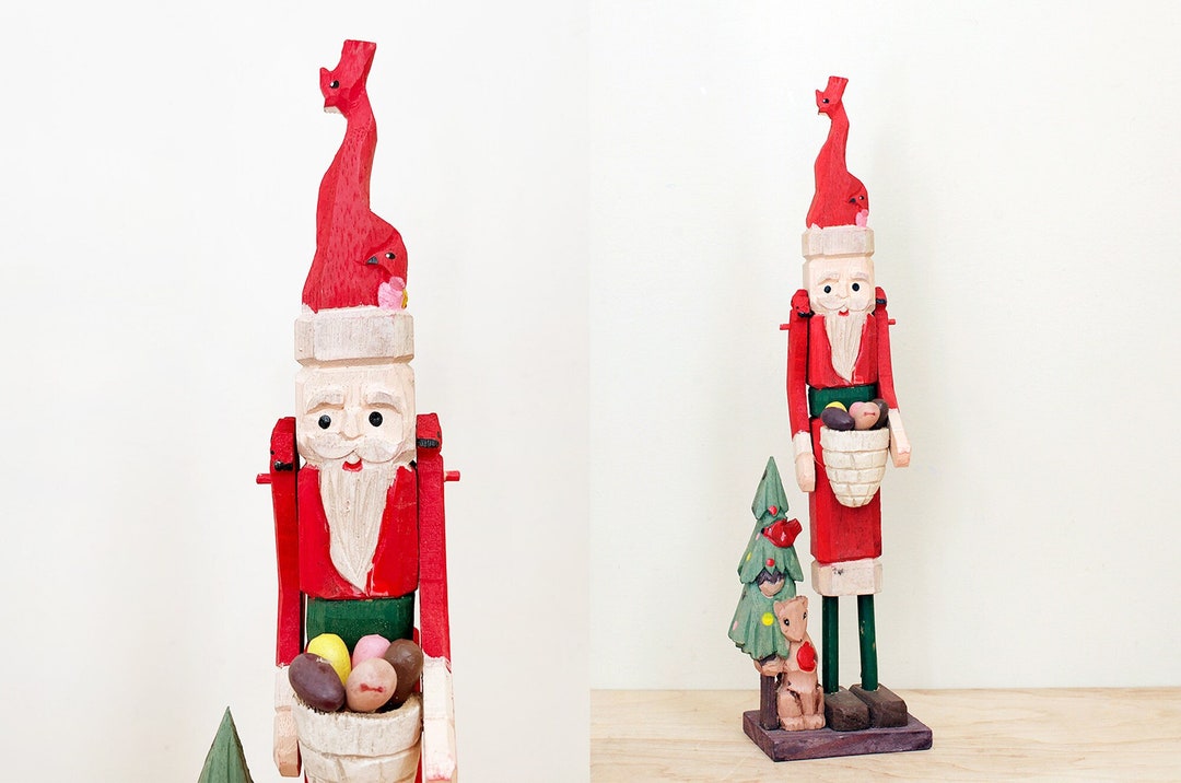 Carved Wood Santa Figurine W Tree & Cat/ Vintage Rustic Hand Made Folk ...