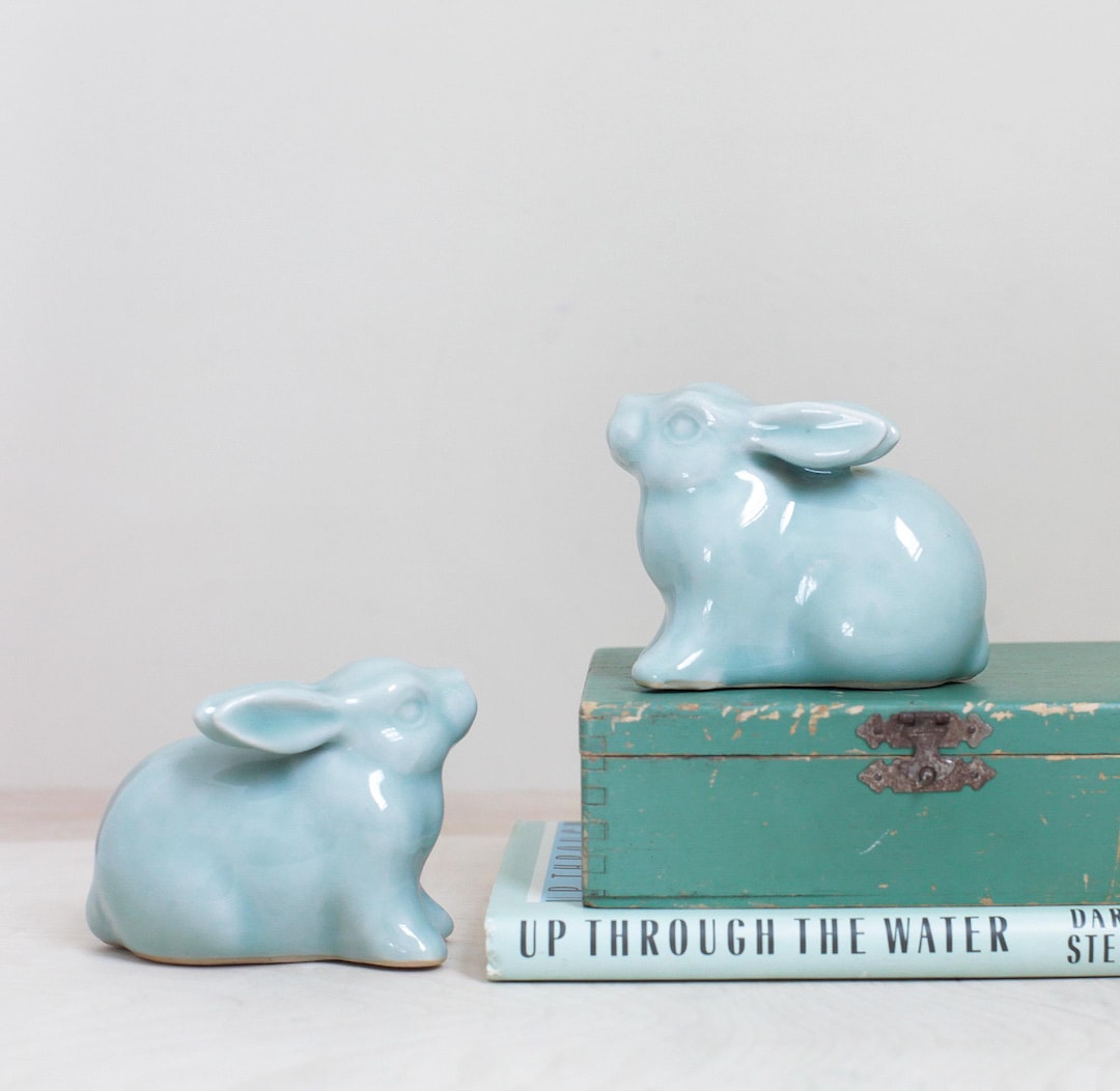 Adorable Pair of Blue Ceramic Bunny Rabbits / Sweet Pair of Hand ...