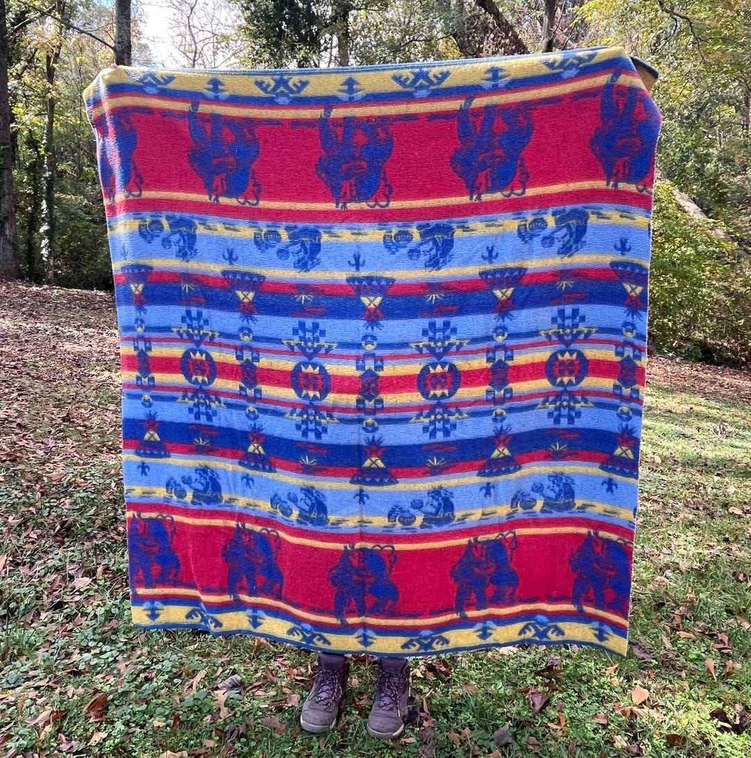 Mid Century Western Indian Fleece Blanket/ HTF Western Cabin or Camping ...
