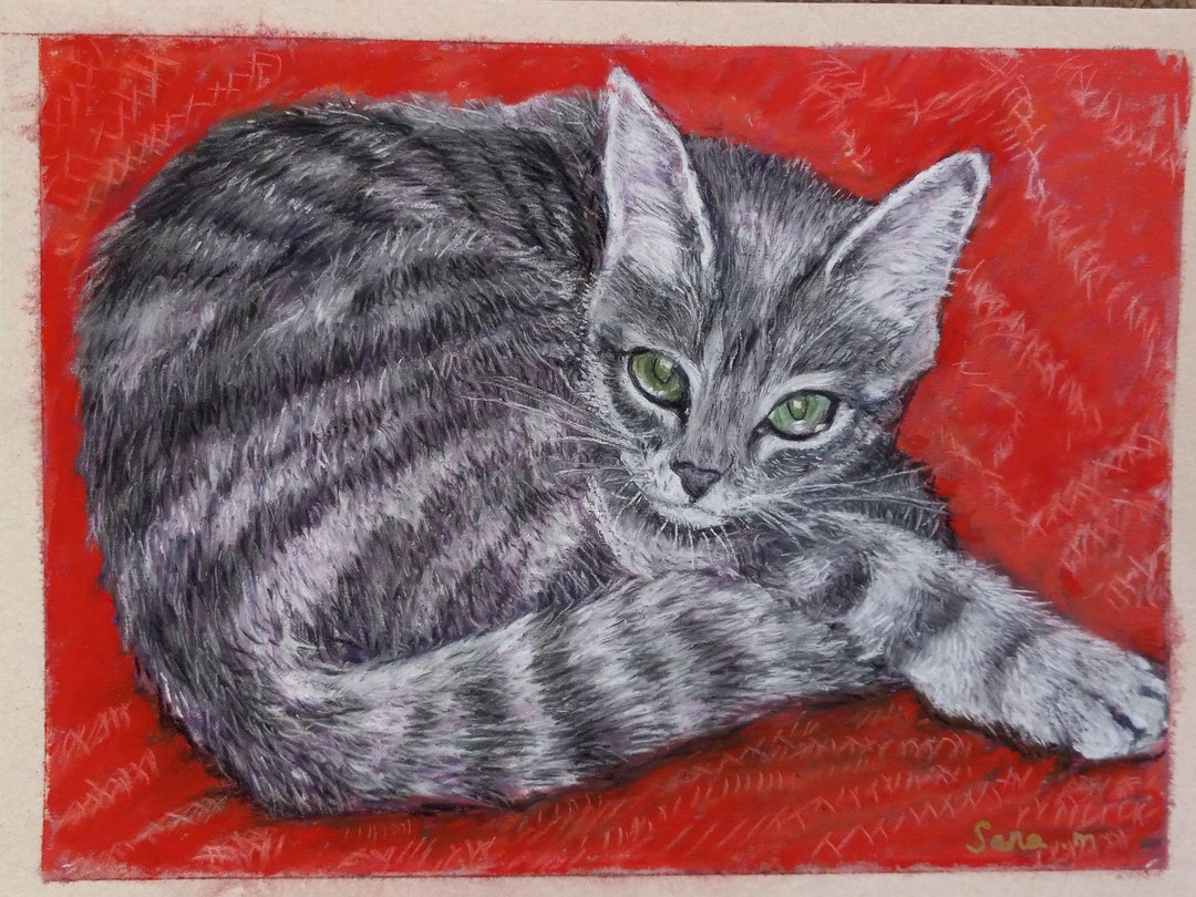 Cat on Red Cover, Original Painting, Soft Pastel on Sanded Paper ...