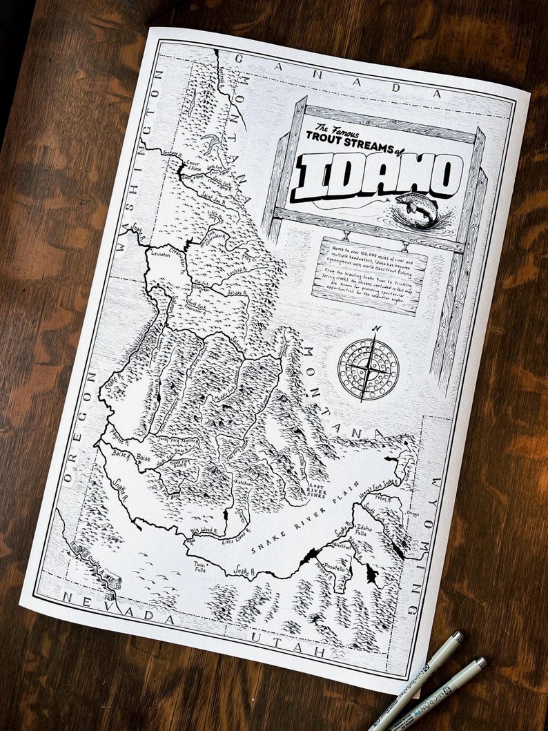 Hand-drawn Idaho Trout Streams Map - Giclee Art Print 16"x24" - Etsy