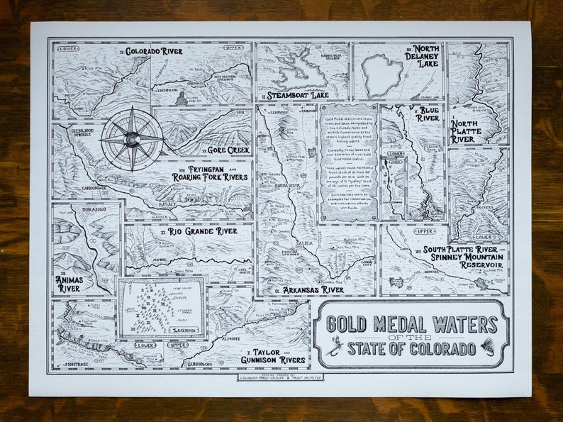 Hand-drawn Colorado Gold Medal Waters Fly Fishing Map - High Quality ...