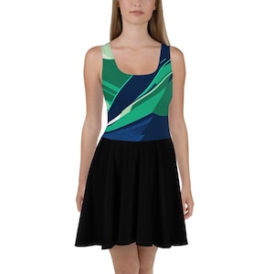 Blue and Green Graphic Design on Black Summer Casual Skater Dress ...