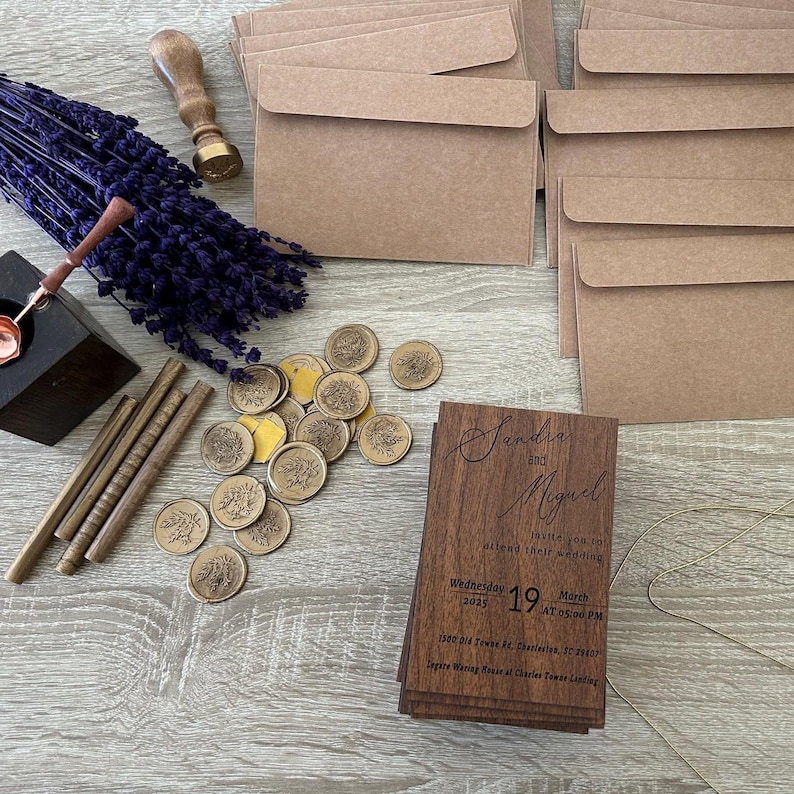 Wood Engraved Wedding Invitation Card With Real Lavander Flower ...