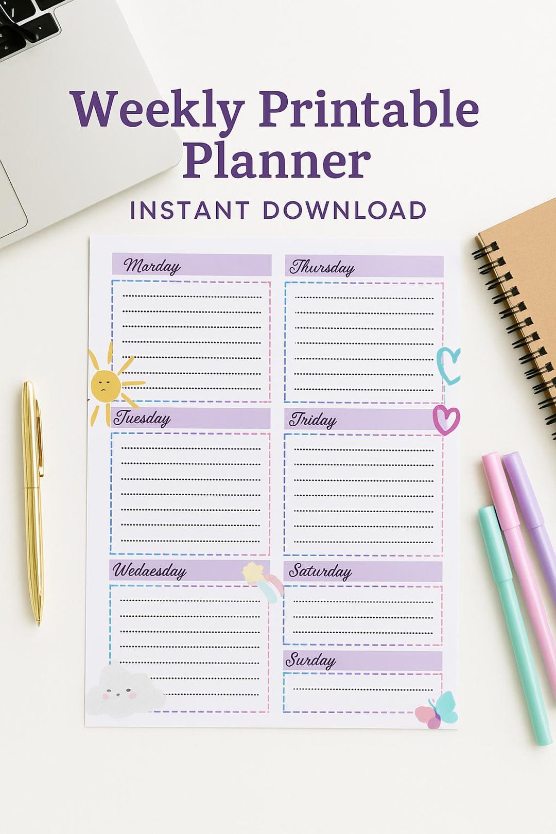 Purple Weekly Planner Printable – Sun & Cloud Theme, Digital Download ...