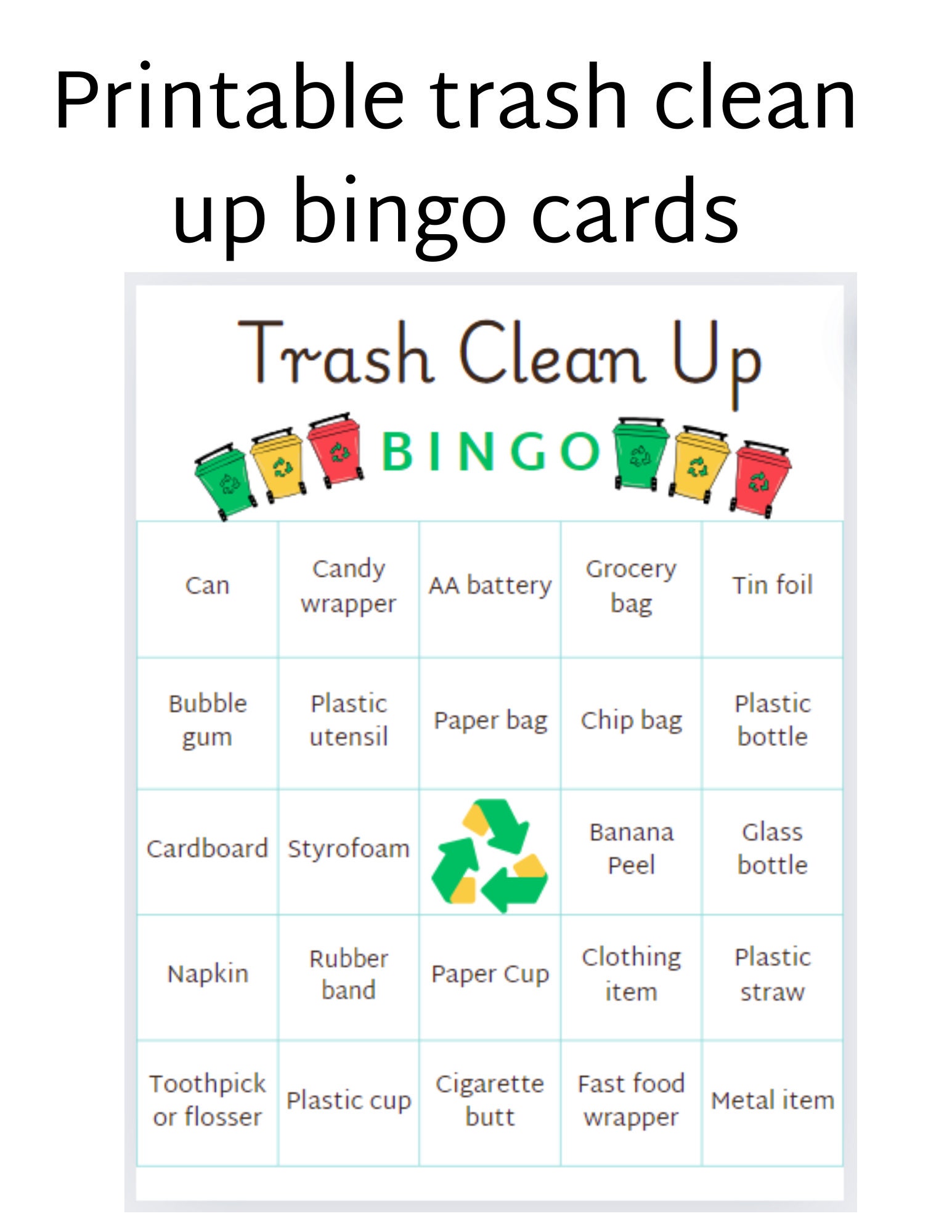 Trash Clean up Bingo Game - Digital Download Set of 3 Cards - Etsy