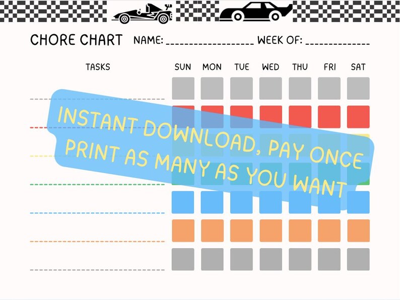 Chore Chart for Kids Racecar Cute Instant Download Pdf Print as Many as ...