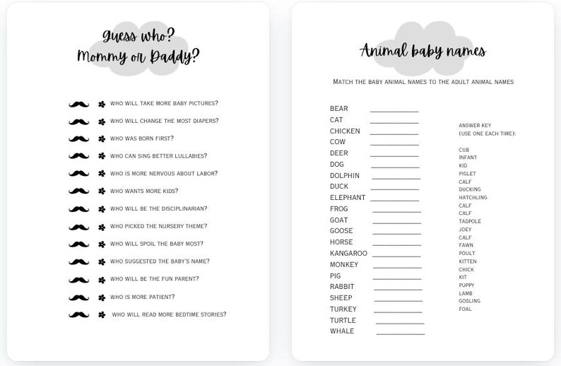 10 Baby Shower Games With Answer Key Digital Download Print Your Own ...