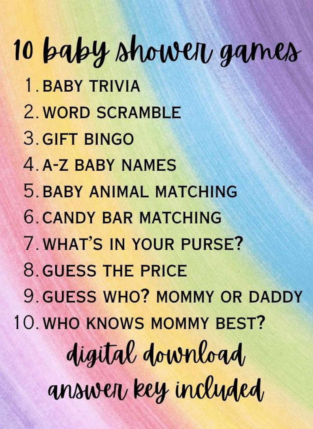 10 Baby Shower Games With Answer Key Digital Download Print Your Own ...