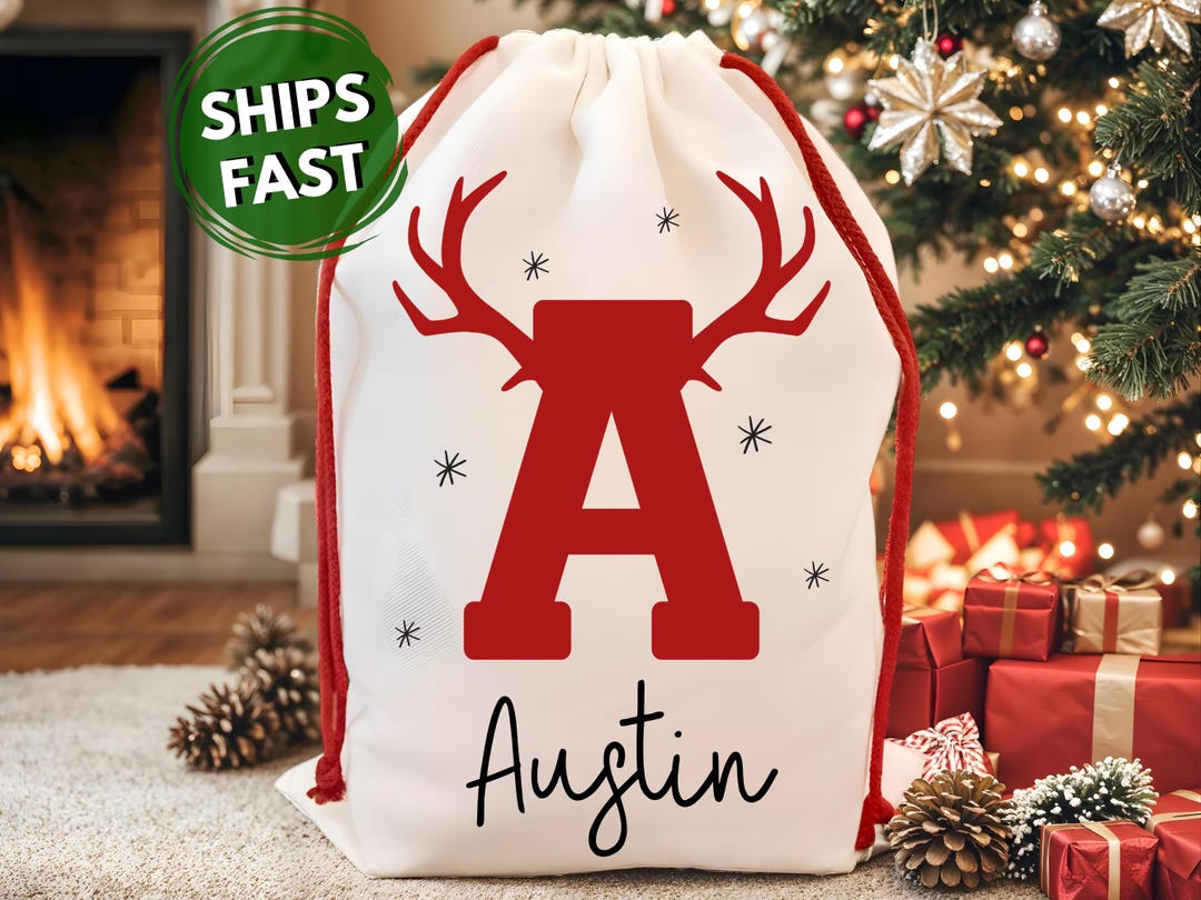 Reindeer Initial Santa Bag for Kids Reindeer Initial Christmas Sack ...