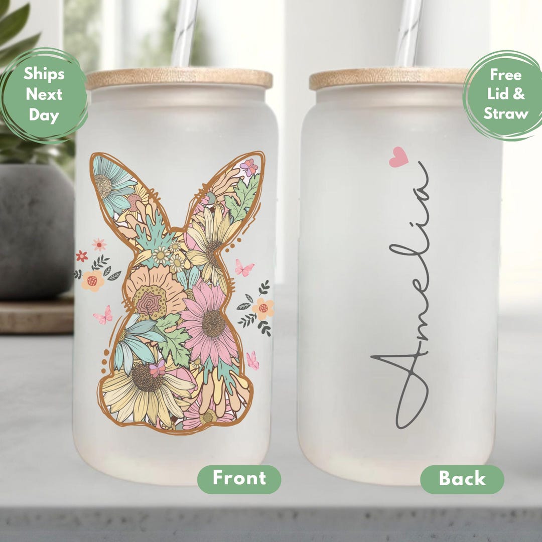 Easter Bunny Cup Gift Personalized Easter Day Floral Bunny Glass Cup ...