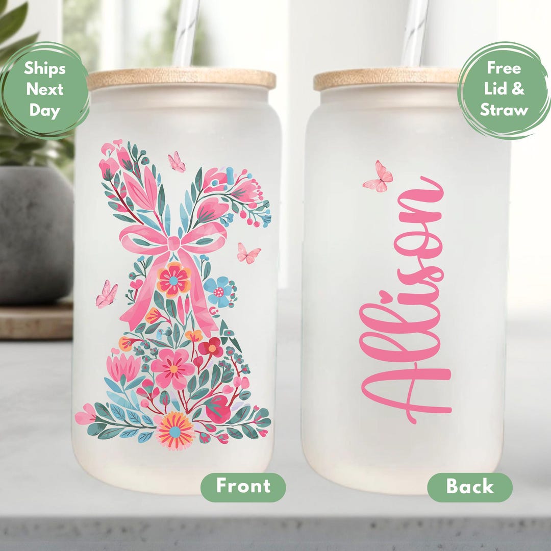 Easter Bunny Glass Tumbler Gift Personalized Easter Floral Bunny Glass ...