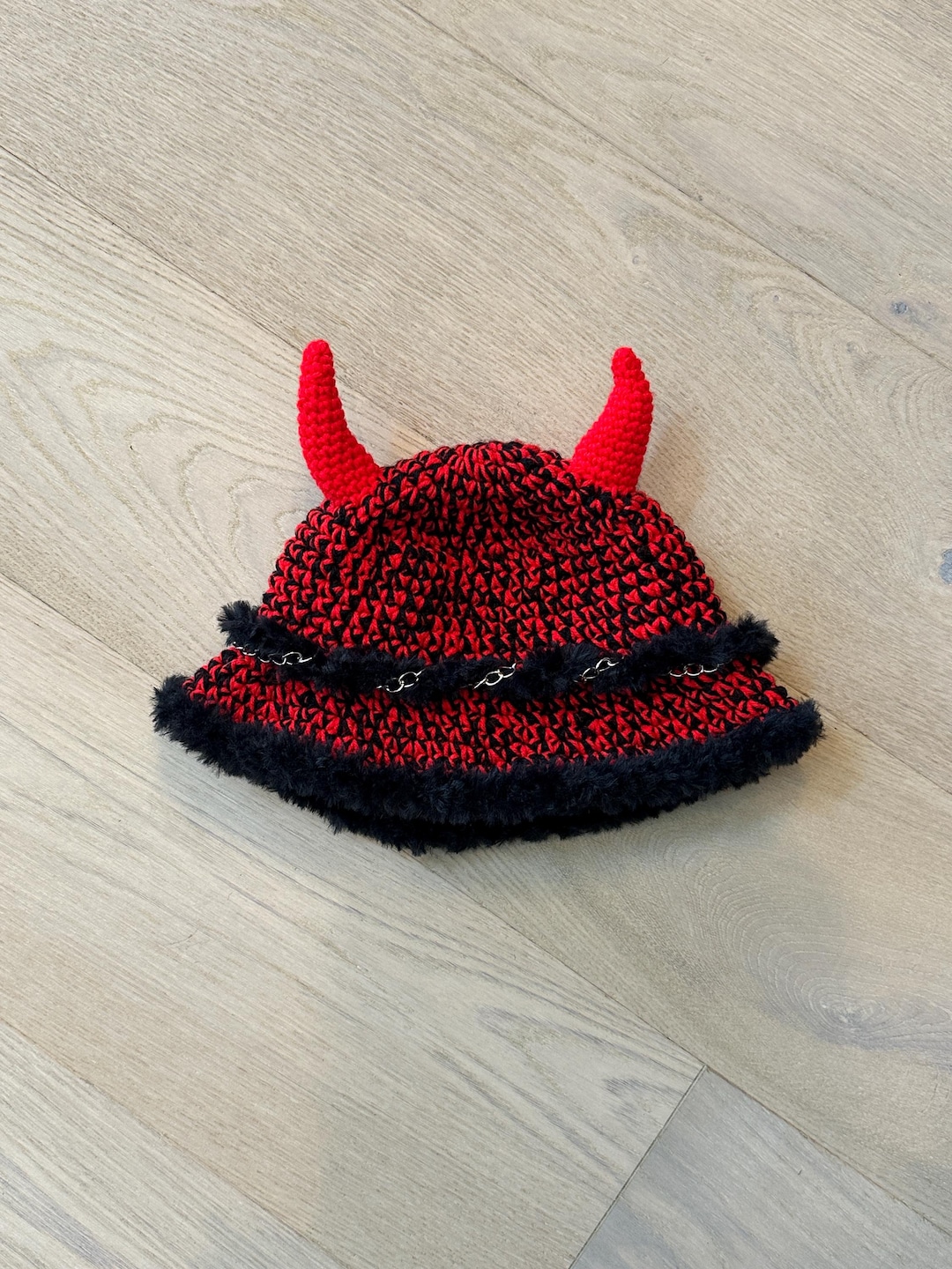 Handmade Devil Horn Crochet Bucket Hat – Red & Black, Fur Trim - Etsy