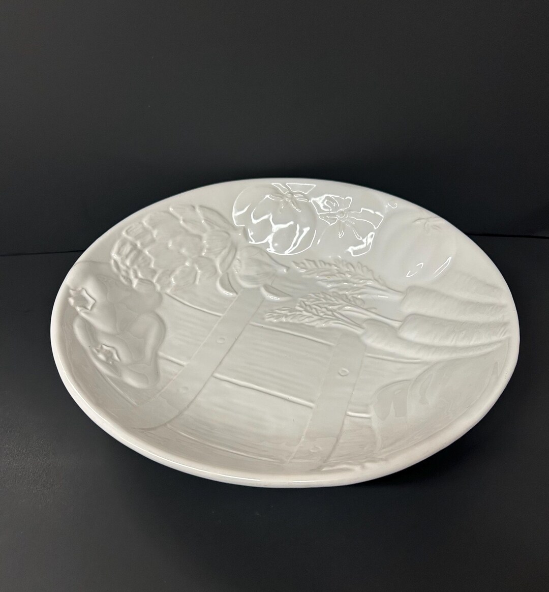 Extra Large White Serving Bowl With Raised Design of Vegetables - Made ...
