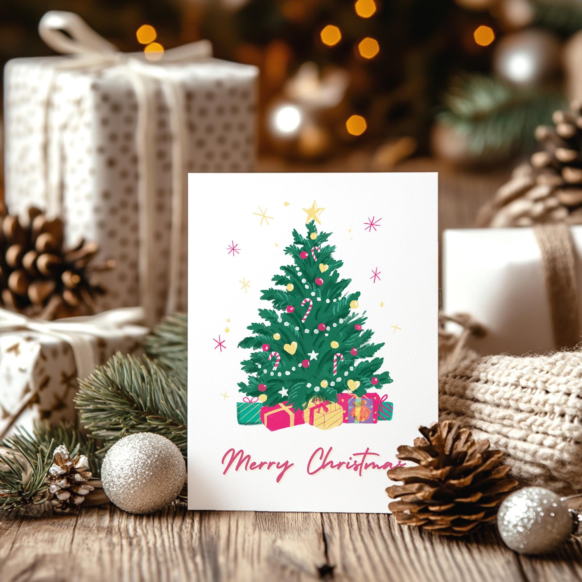 Merry Christmas Tree Digital Print Commercial Use - Festive Gift Card ...