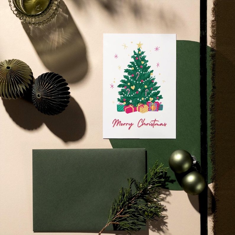 Merry Christmas Tree Digital Print Commercial Use - Festive Gift Card ...
