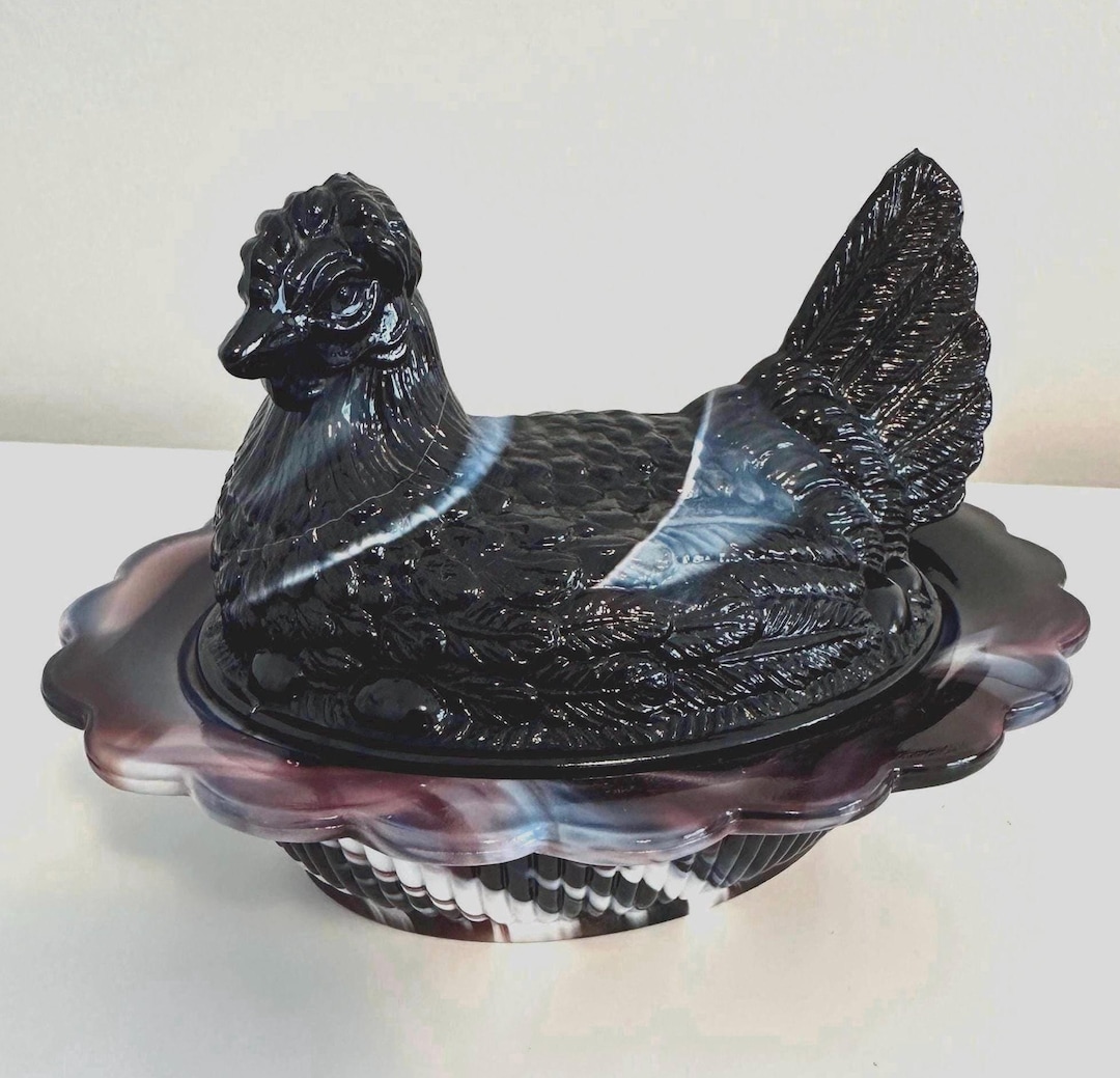 MOSSER Slag Glass HEN on NEST Candy Dish Purple Amythest Slag Marbled ...
