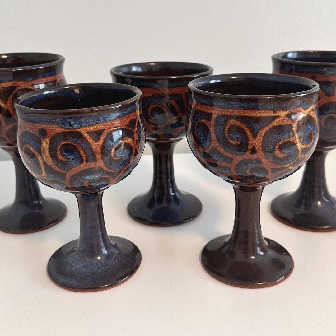 Set of 5 Vintage Ceramic Wine Goblets Studio Pottery Stoneware Wine ...