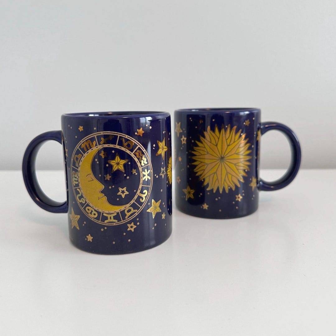 Pair of CELESTIAL MUGS Sun Moon Stars Mugs Vintage 1994 Cobalt Blue Mugs Vintage Coffee Mug Tea ...