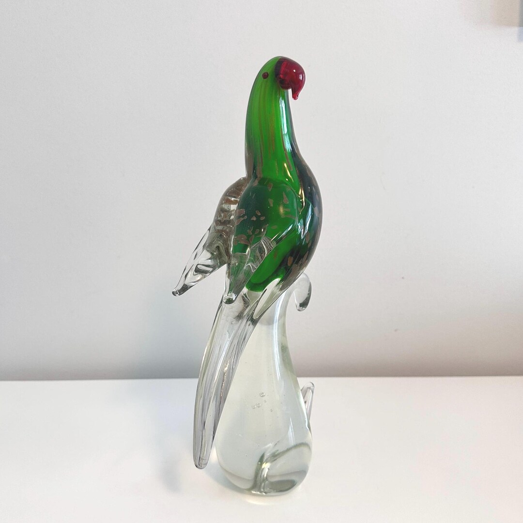 14” Murano Style Parrot | Green Art Glass Parrot With Honed Bottom and ...
