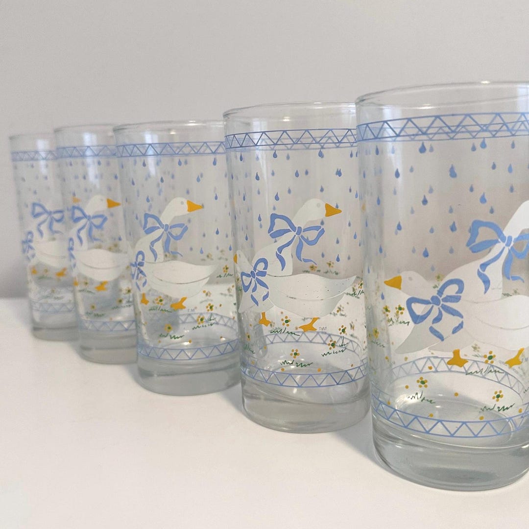 5 Vintage 1987 ANCHOR HOCKING Glasses White Geese Blue Ribbon Tumblers ...