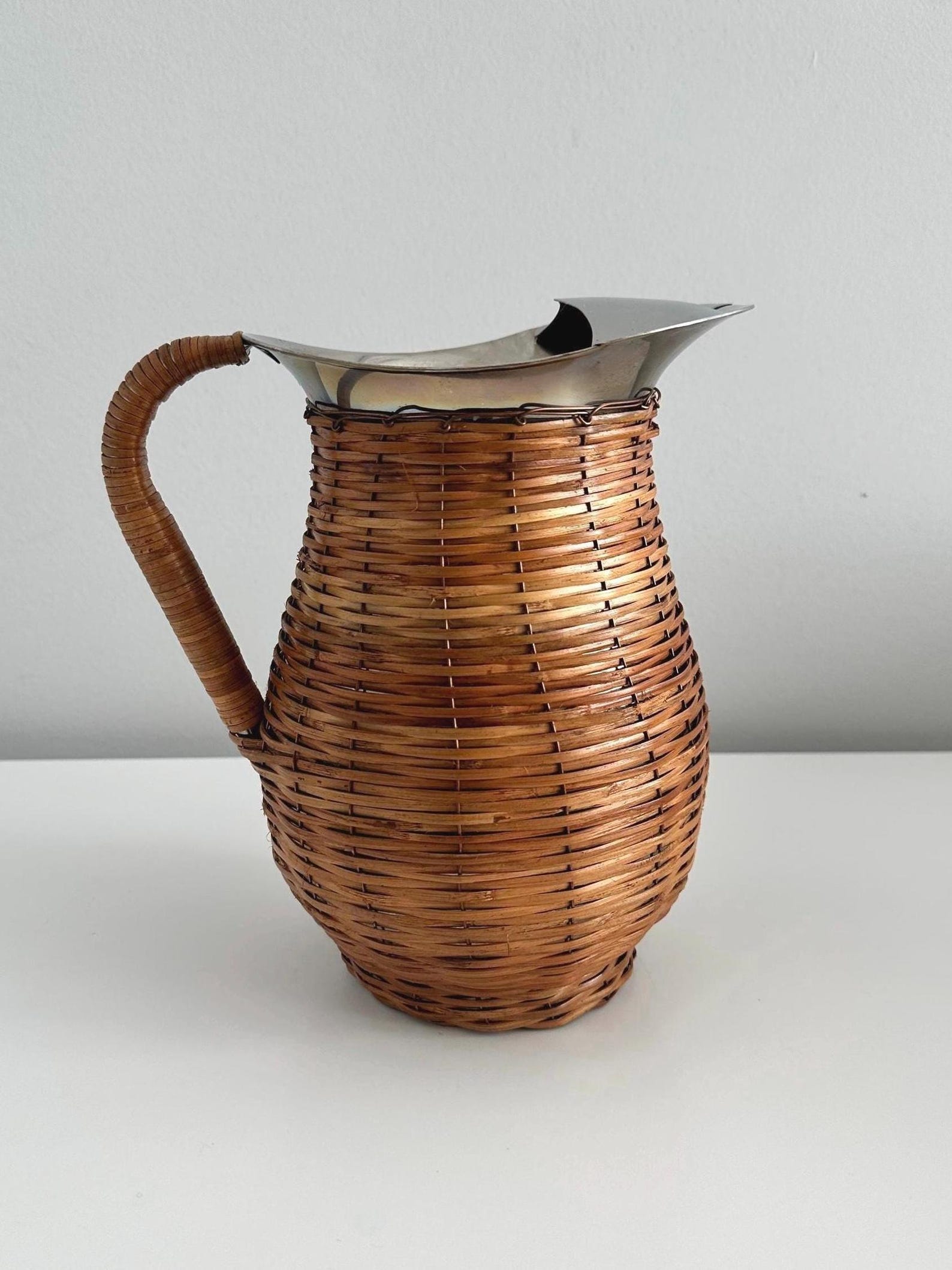 MCM WATER PITCHER Wicker and Wire Wrapped Stainless Steel Water Pitcher ...