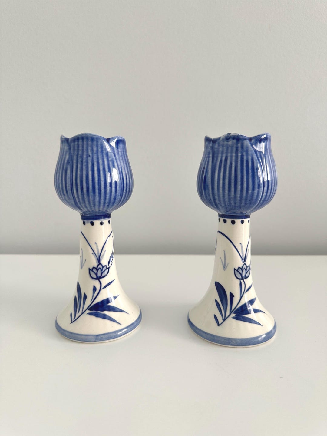 Set of 2 DELFT Candlestick Holders Blue Tulip Candle Holders Blue and ...
