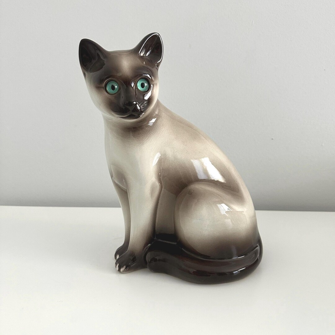 10” Siamese Cat Figurine | Ceramic Cat With Blue Glass Eyes | Porcelain ...