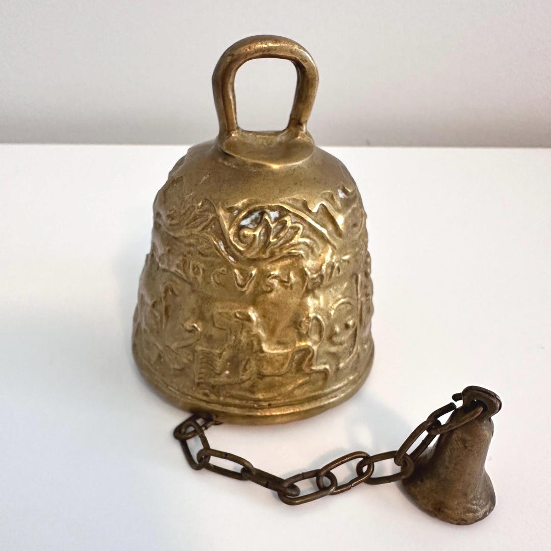 Solid Brass Temple Bell With Handle and Hammer and Chain, Embossed With ...