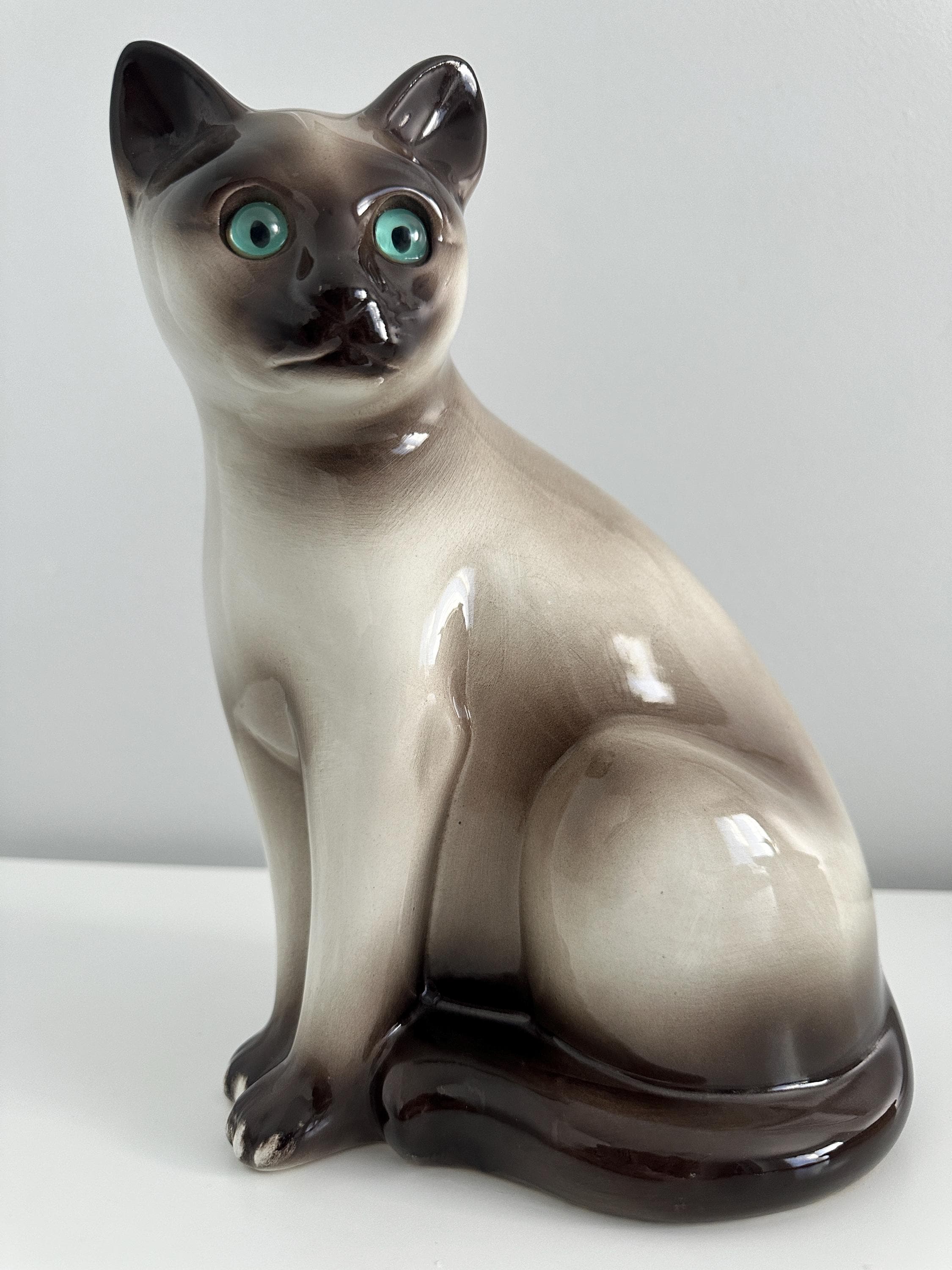 10” Siamese Cat Figurine | Ceramic Cat With Blue Glass Eyes | Porcelain ...