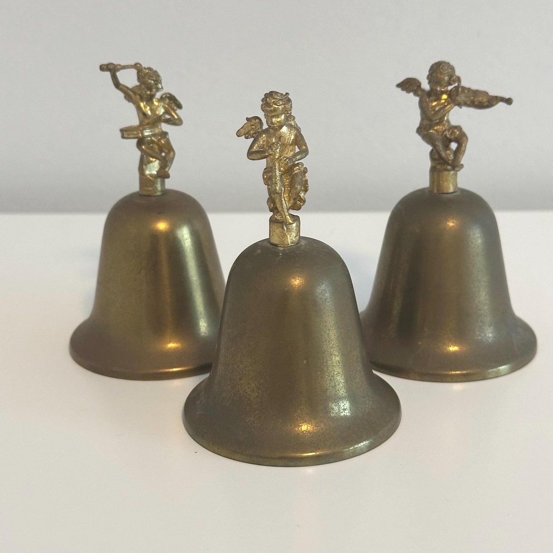 3 BRASS ANGEL Bells Angel With Flute Bell Angel With Violin Bell Angel ...