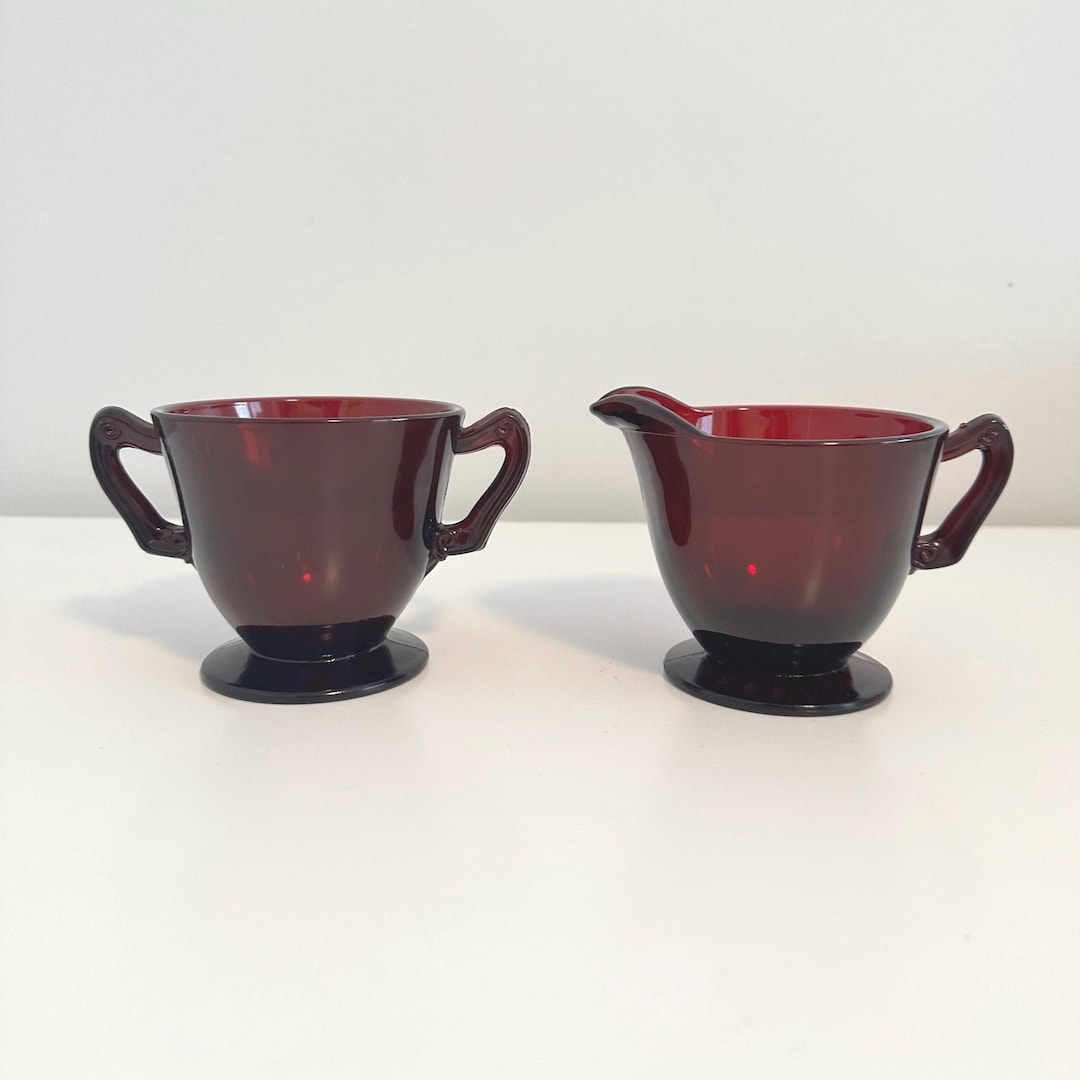 Mid Century ANCHOR HOCKING Footed Royal Ruby Red Cream and Sugar Set ...