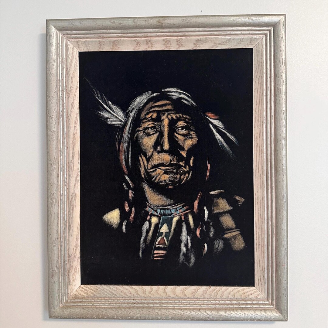 Native American Chief OIL PAINTING on Black Velvet Vintage Portrait ...