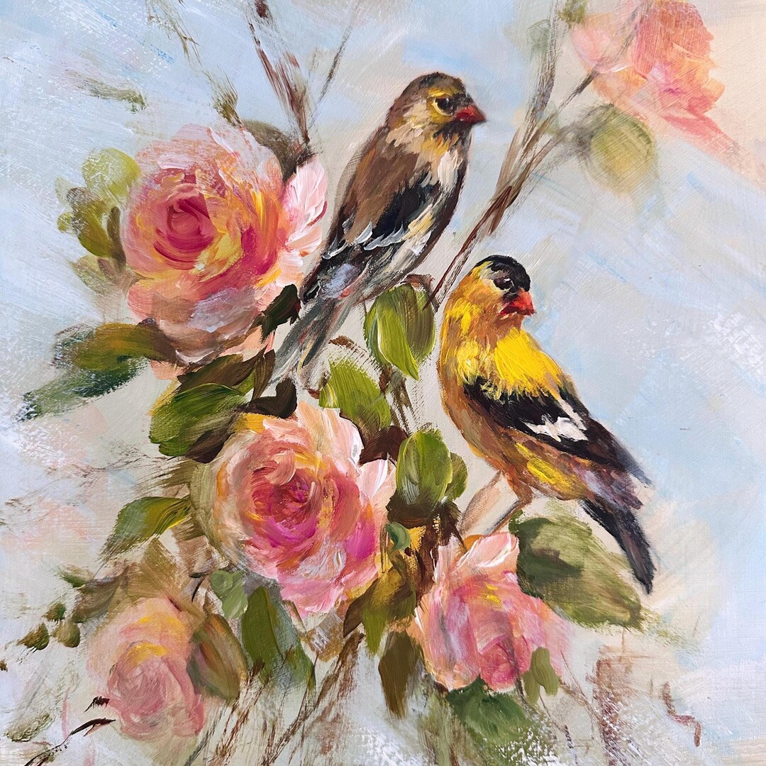 11x14 Vintage ORIGINAL PAINTING of Two Goldfinch Birds in Rose Bushes ...
