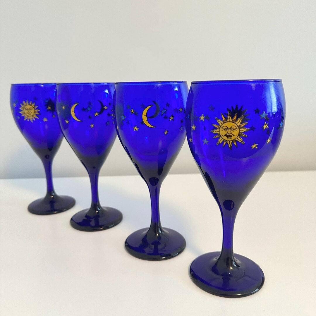 Vintage LIBBEY Cobalt Blue Wine Glasses CELESTIAL Pattern Sun Moon and ...