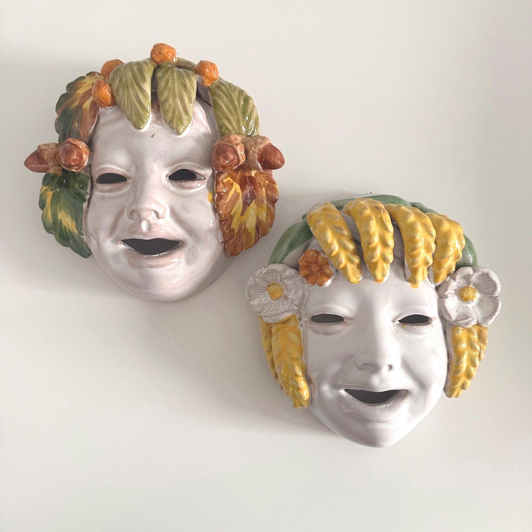 Vintage Italian Majolica Wall Decor Face Masks Art Deco Bacchus Style ...