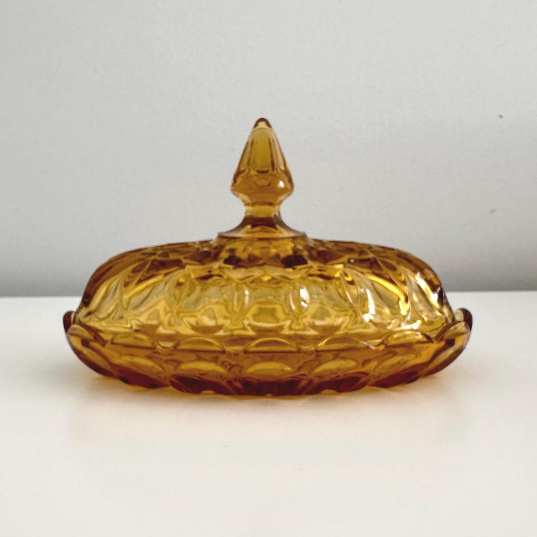 Vintage ANCHOR HOCKING Fairfield Pattern Amber Glass Oval Covered ...