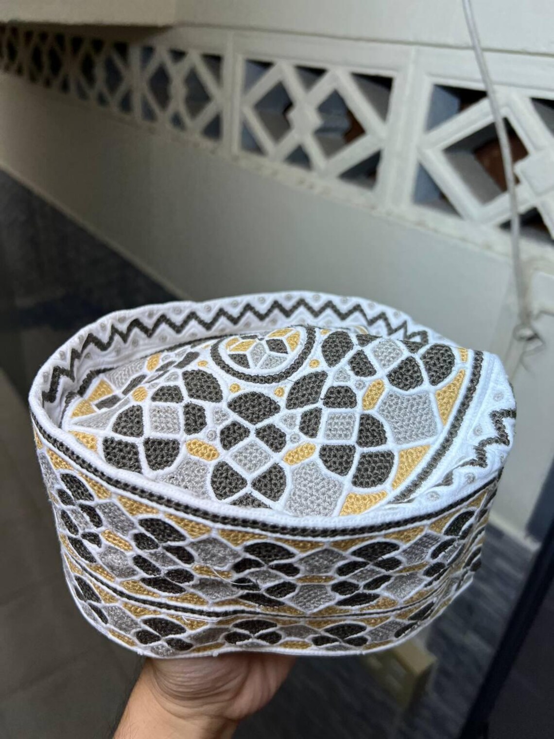 Omani Kufi Hat 21 Yellow Black, Handmade Finely Embroidered Cap Islamic ...