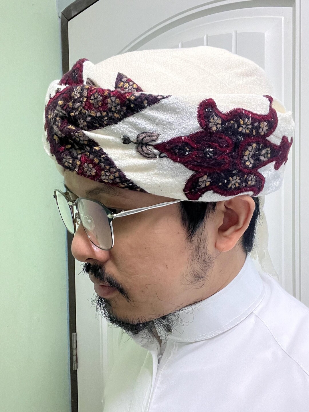 Tie Turban Sharaban Headscarf Cream Embroidered Burgundy Red for Muslim ...